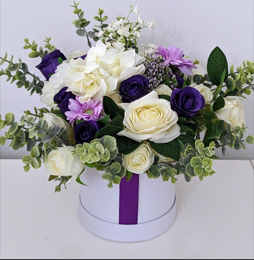 Purple and Cream Hat Box Silk Flowers Hamper - Etsy