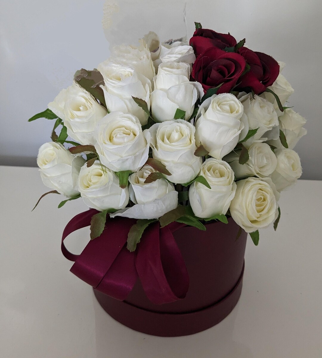 Burgundy Hat Box With Cream Roses Silk Flowers Hamper - Etsy