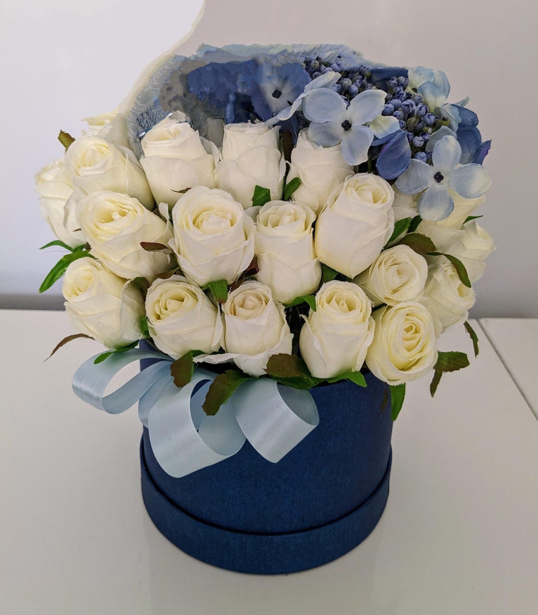 Blue Hat Box With Cream Roses Silk Flowers Hamper - Etsy