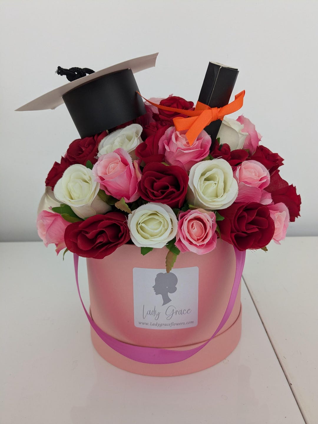 Graduation Red and Pink Hatbox of Joy - Silk Flowers Gift Hamper - Etsy