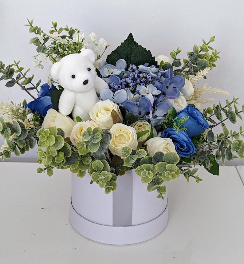 Baby Boy Blue Hat Box Silk Flowers Hamper - Etsy