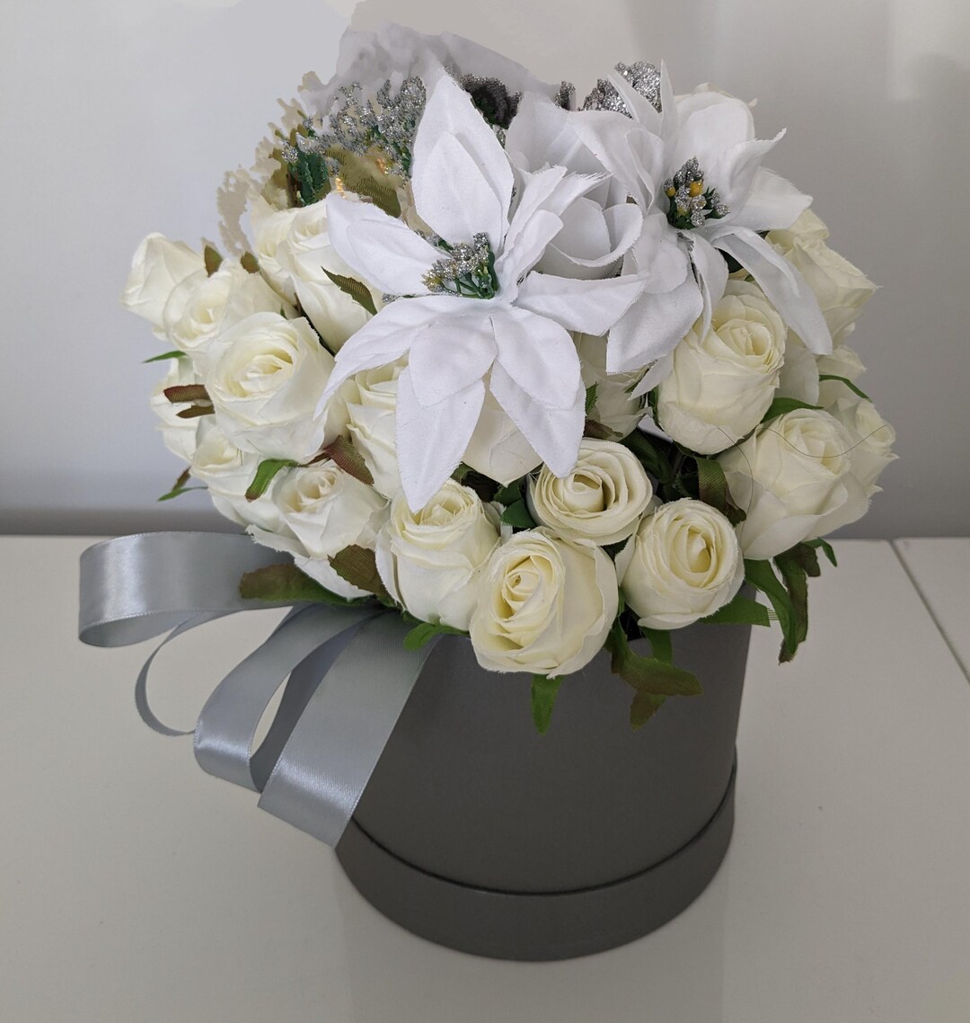 Winter White Hat Box With Cream Roses Silk Flowers Hamper - Etsy