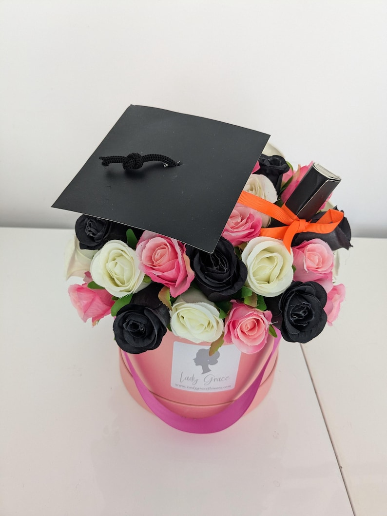 Graduation Black and Pink Hatbox of Joy - Silk Flowers Gift Hamper - Etsy