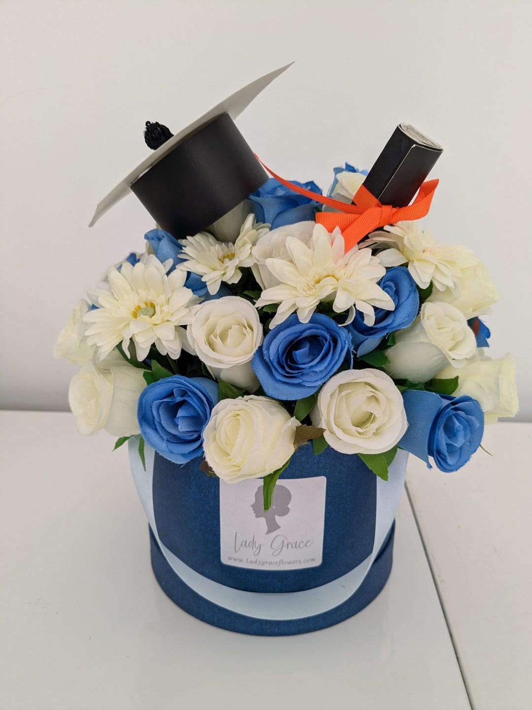 Graduation Blue and Cream Hatbox of Joy - Silk Flowers Gift Hamper - Etsy