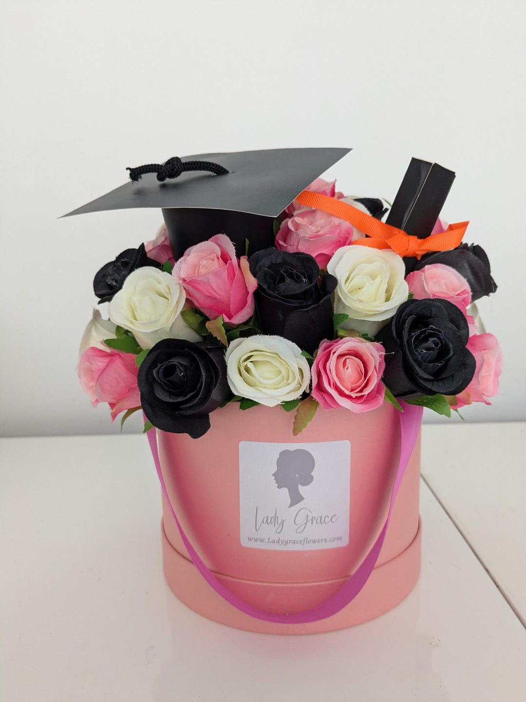 Graduation Black and Pink Hatbox of Joy - Silk Flowers Gift Hamper - Etsy