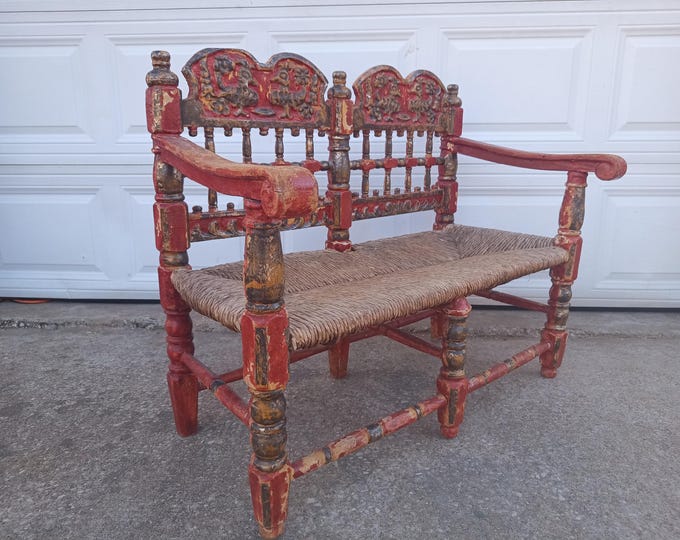 Antique Spanish Bench From the 1800s Hand Painted Intricate Wood ...