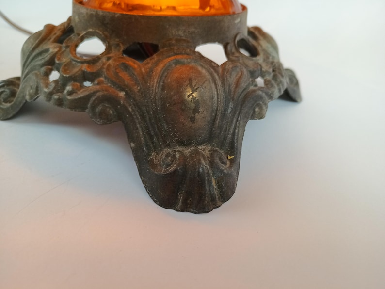 MCM Retro Orange Optic Table Lamp Amber Globe With Metal Overlay Three ...