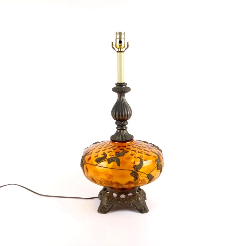 MCM Retro Orange Optic Table Lamp Amber Globe With Metal Overlay Three ...