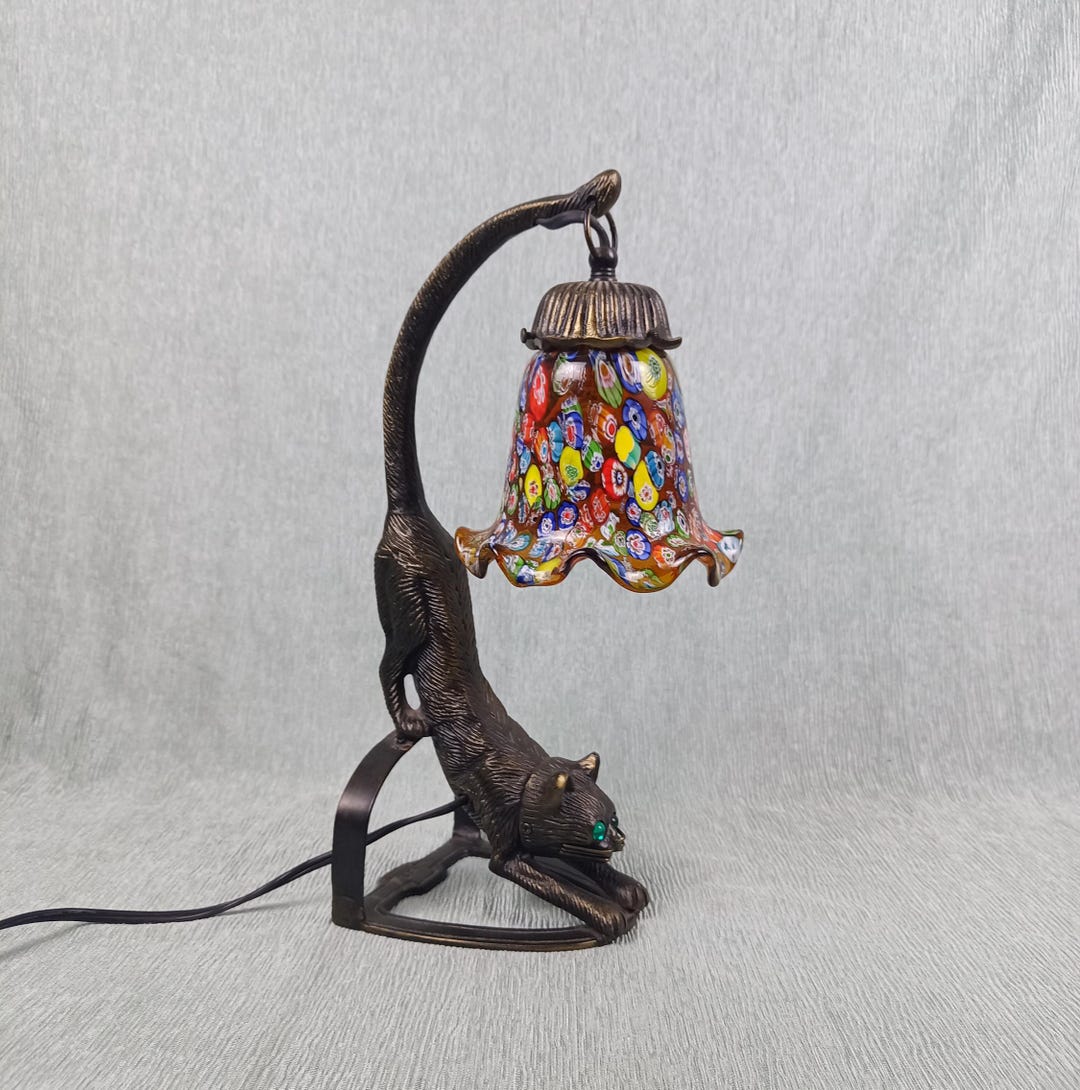 Solid Bronze Metal Cat Lamp With Millefiori Hand Painted Glass Shade - Etsy