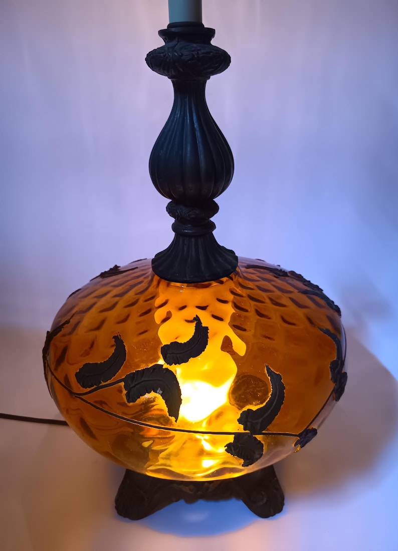 MCM Retro Orange Optic Table Lamp Amber Globe With Metal Overlay Three ...