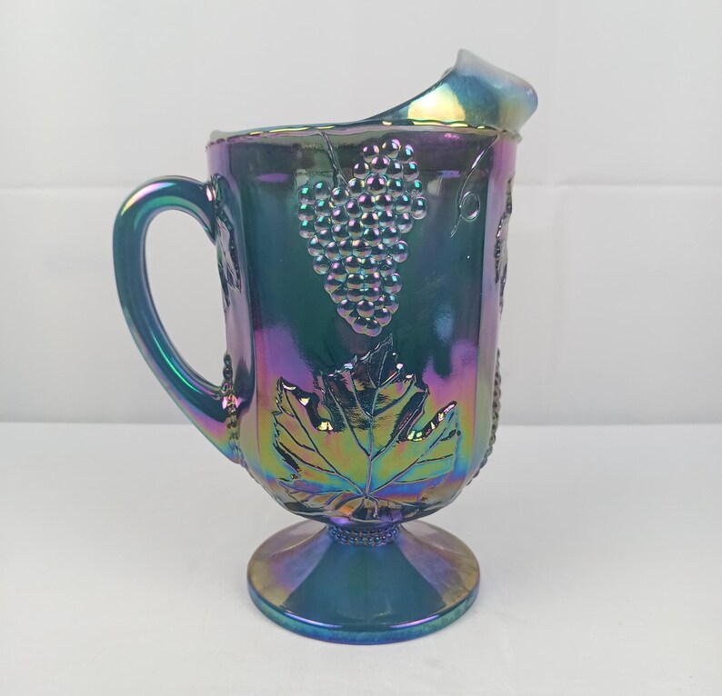 Vintage Indiana Iridescent Carnival Glass Pitcher Blue Harvest Grape ...