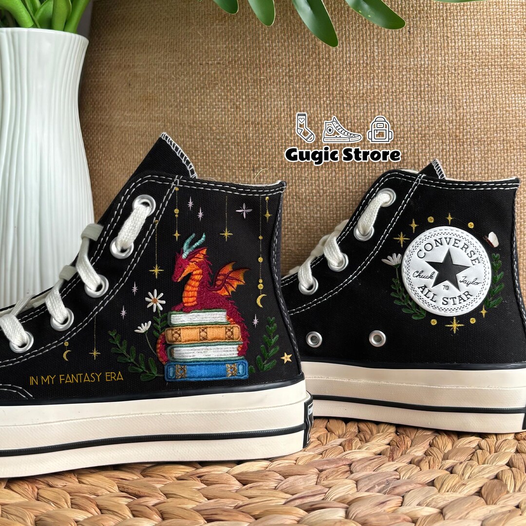 Book Dragon Embroidery Converse, Fantasy Book Lover Embroidered, Custom ...
