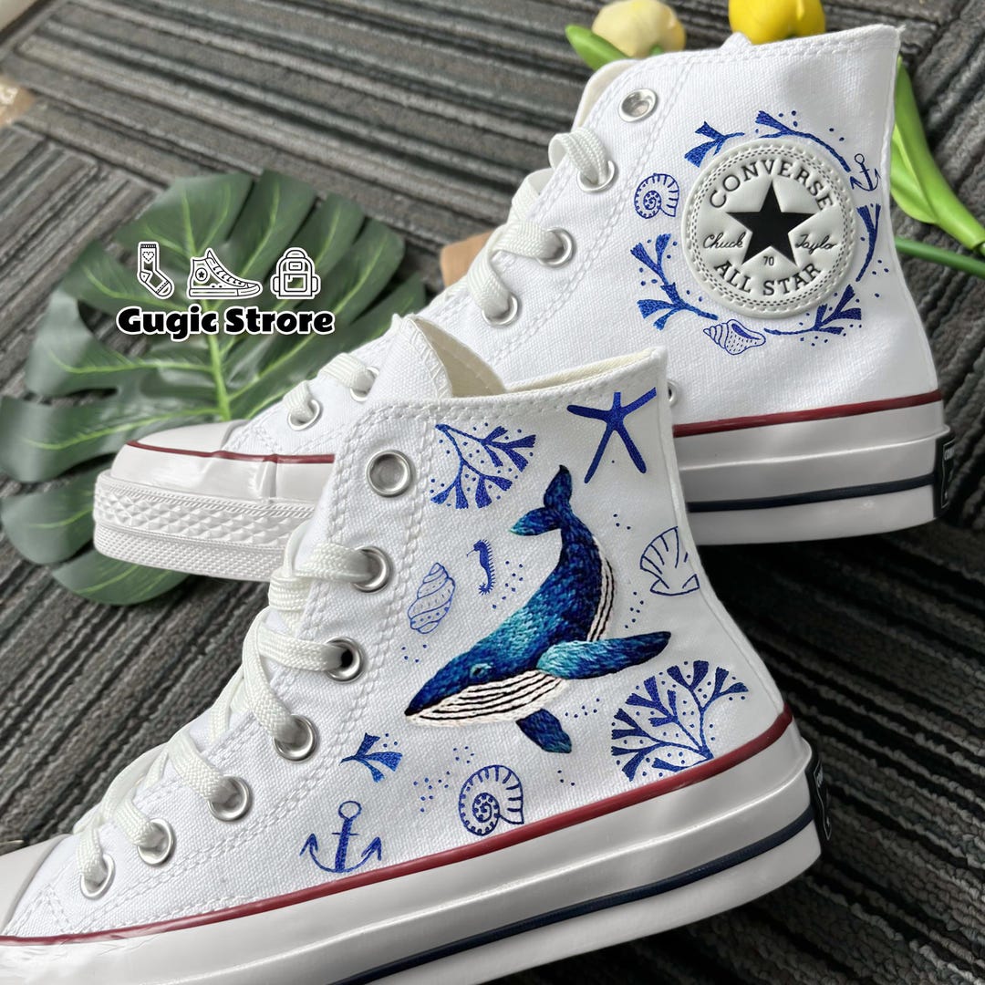 Whale Embroidered Converse, Custom Ocean Creatures Embroidered Converse ...