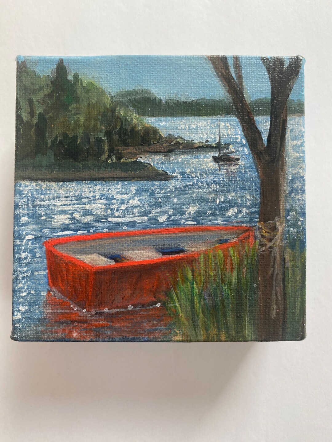 Small Art Red Boat Tree Ocean Sea Sparkles Original Signed Acrylic ...