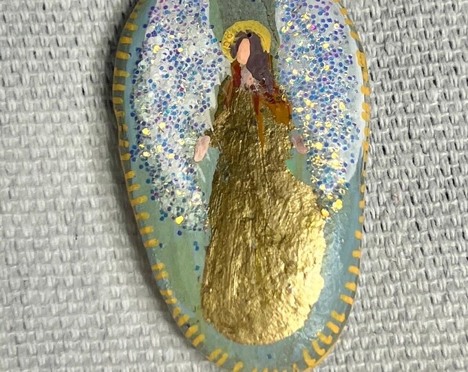 Hand Painted Angel Rock, Smooth Stone, Small Glittered "pocket Angel ...