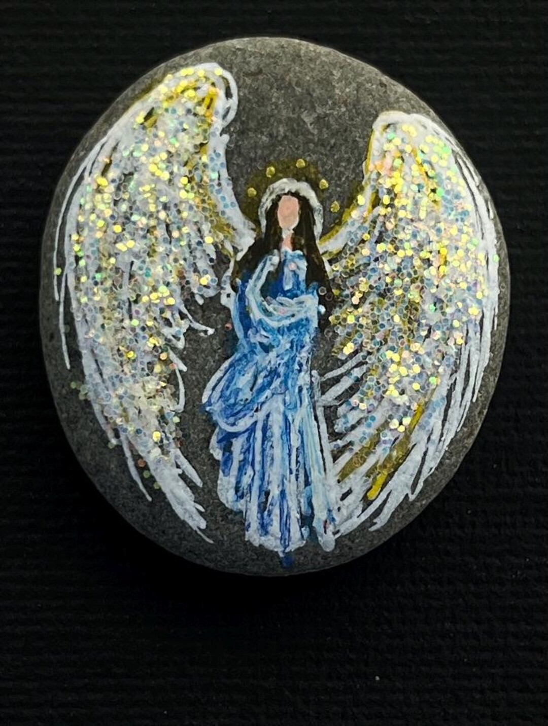 Hand Painted Angel Rock, Smooth Stone, Small Glittered "pocket Angel ...