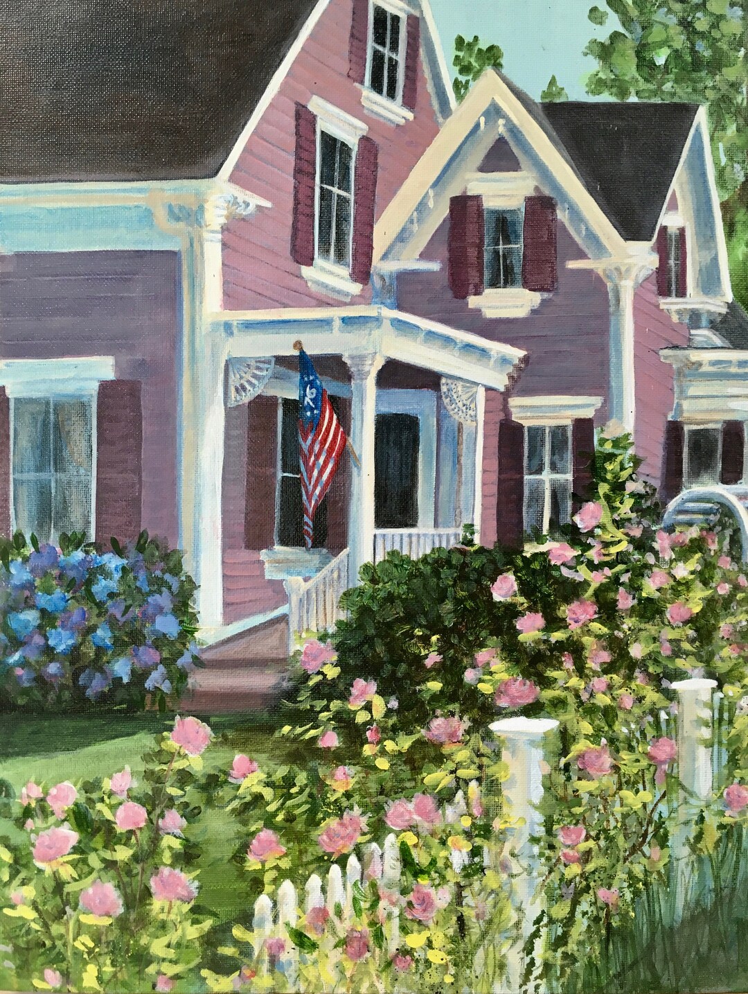 Rose Victorian House ,flag, Roses, Flowers, Original Signed Acrylic ...