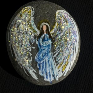 Hand Painted Angel Rock, Smooth Stone, Small Glittered "pocket Angel ...