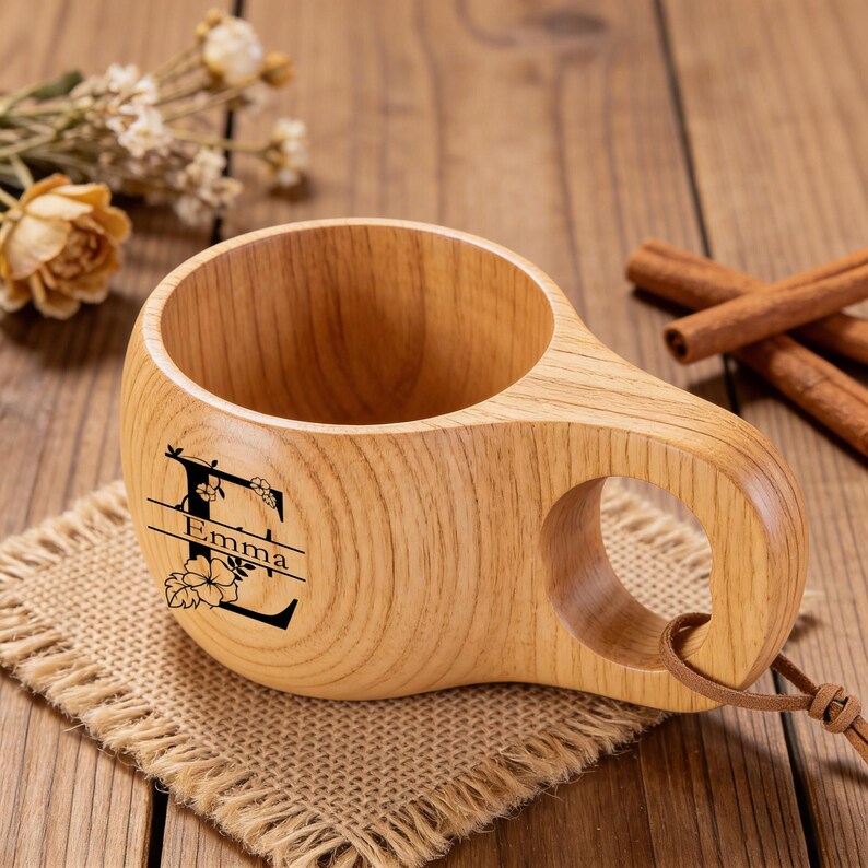 Personalized Rubberwood Milk Cup, Wooden Mug With Handle – Japanese ...