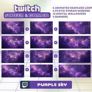 Purple Twitch Stream Screens Overlays Galaxy Neon Animated Vtuber ...