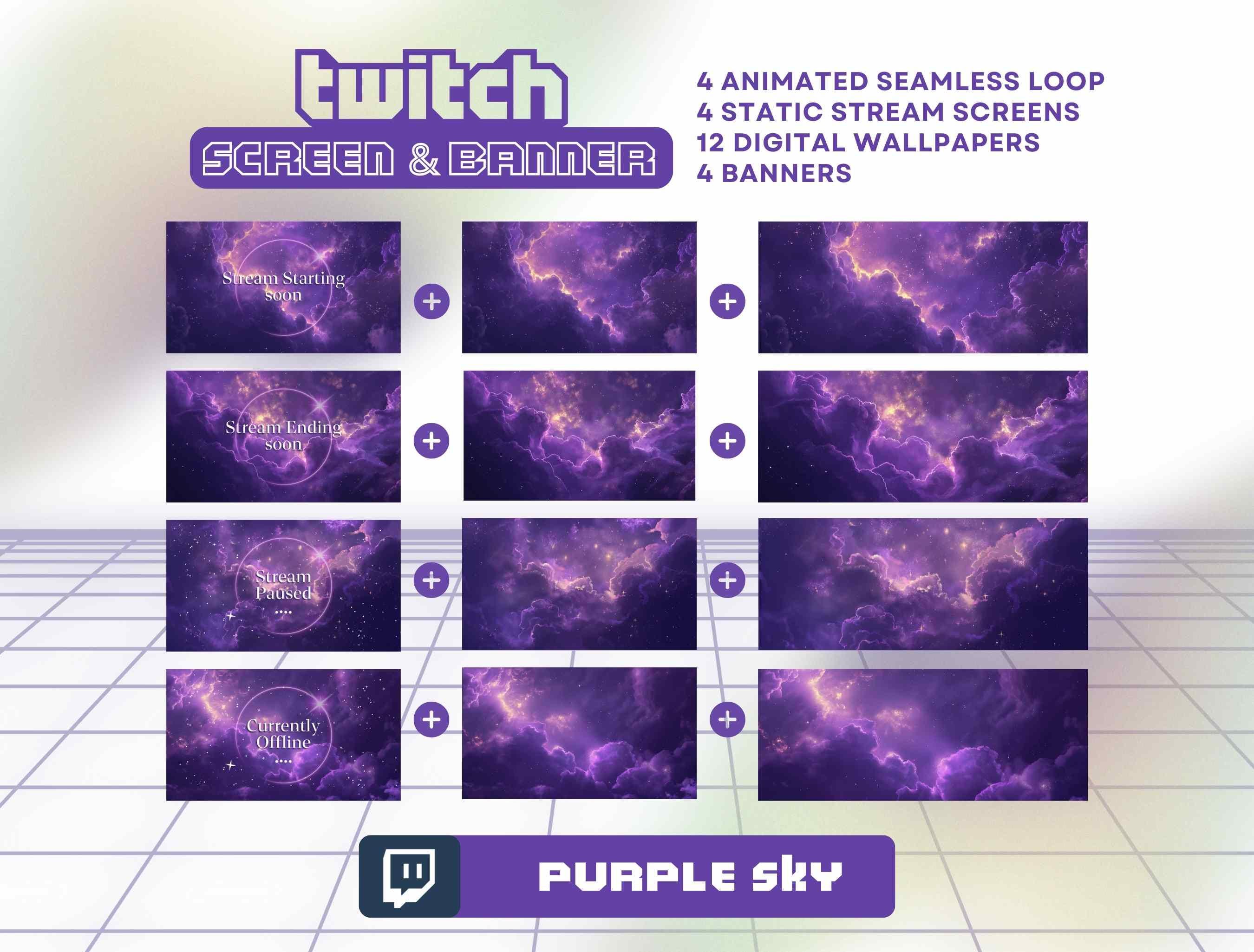 Purple Twitch Stream Screens Overlays Galaxy Neon Animated Vtuber ...
