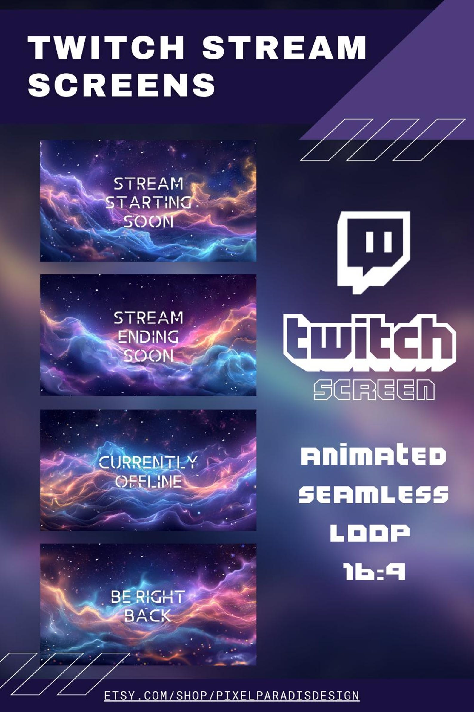 Purple Twitch Stream Screens Overlays Galaxy Neon Animated Vtuber ...