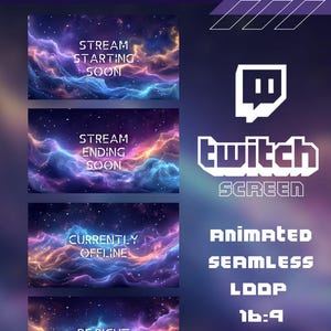 Purple Twitch Stream Screens Overlays Galaxy Neon Animated Vtuber ...