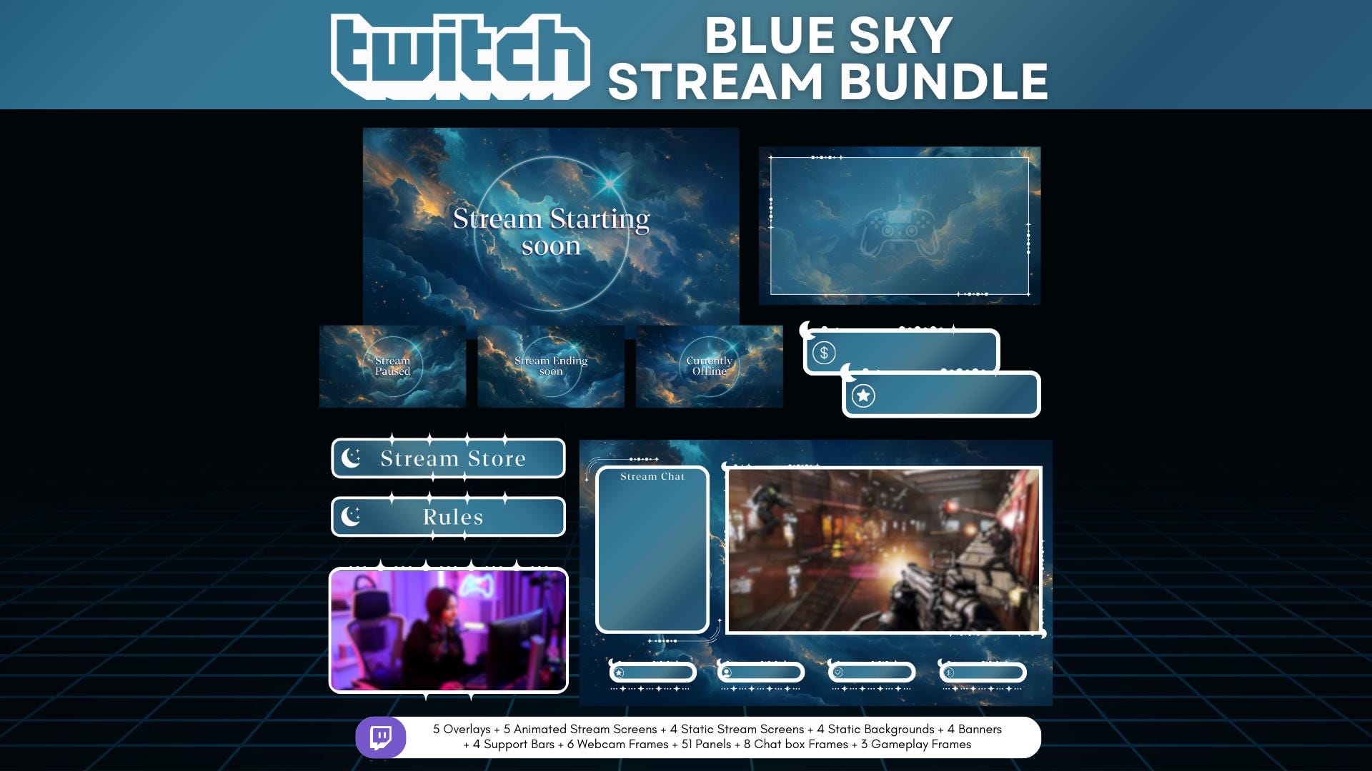 Blue Twitch Stream Screens Overlays Package Twitch Animated Vtuber ...