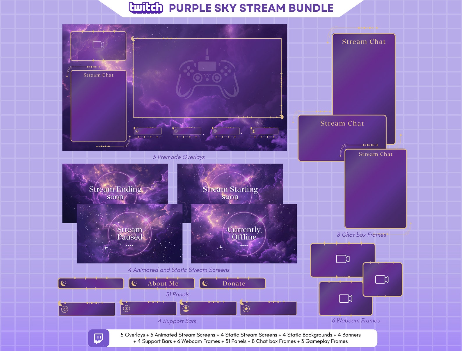 Purple Twitch Stream Screens Overlays Package Twitch Animated Vtuber ...