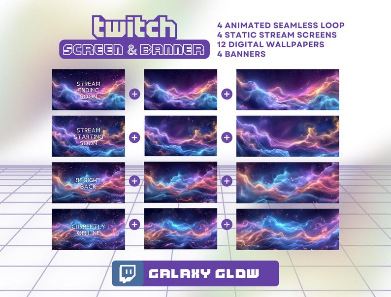 Purple Twitch Stream Screens Overlays Galaxy Neon Animated Vtuber Backgrounds Cozy Twitch ...