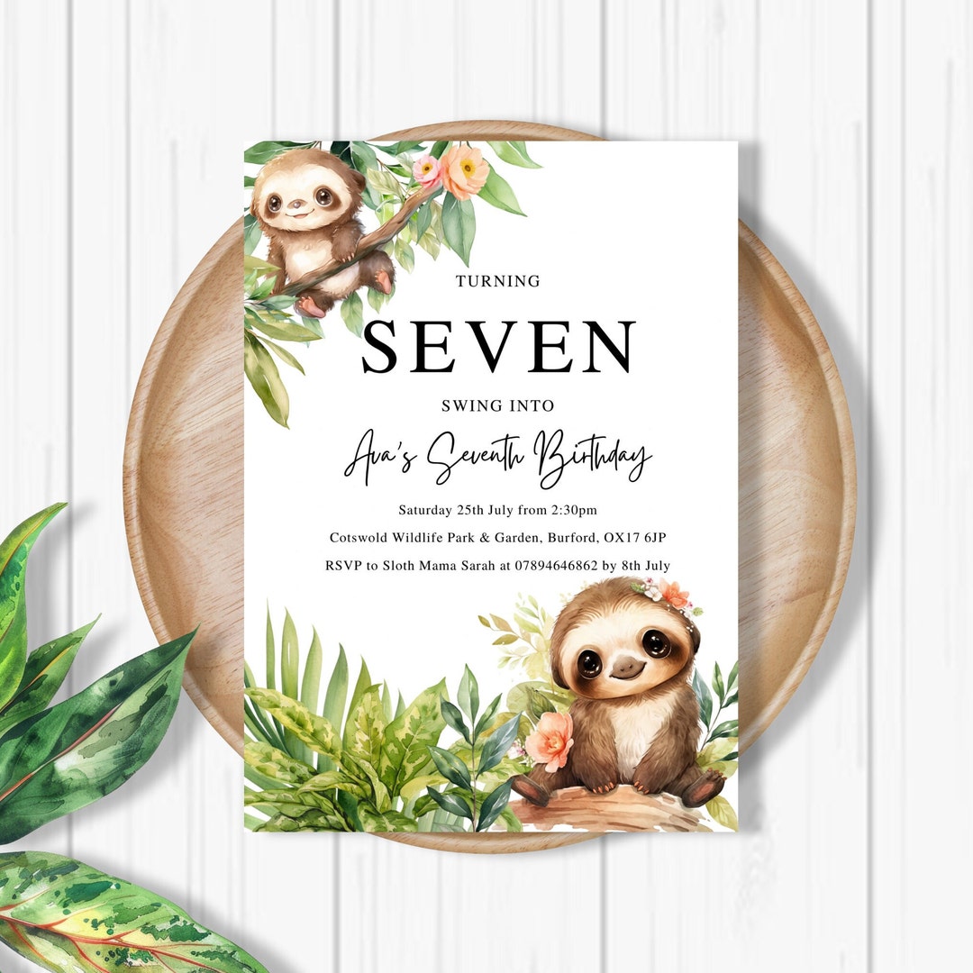 Sloth Birthday Invitation, Sloth 7th Birthday Invite Printable, 1st ...