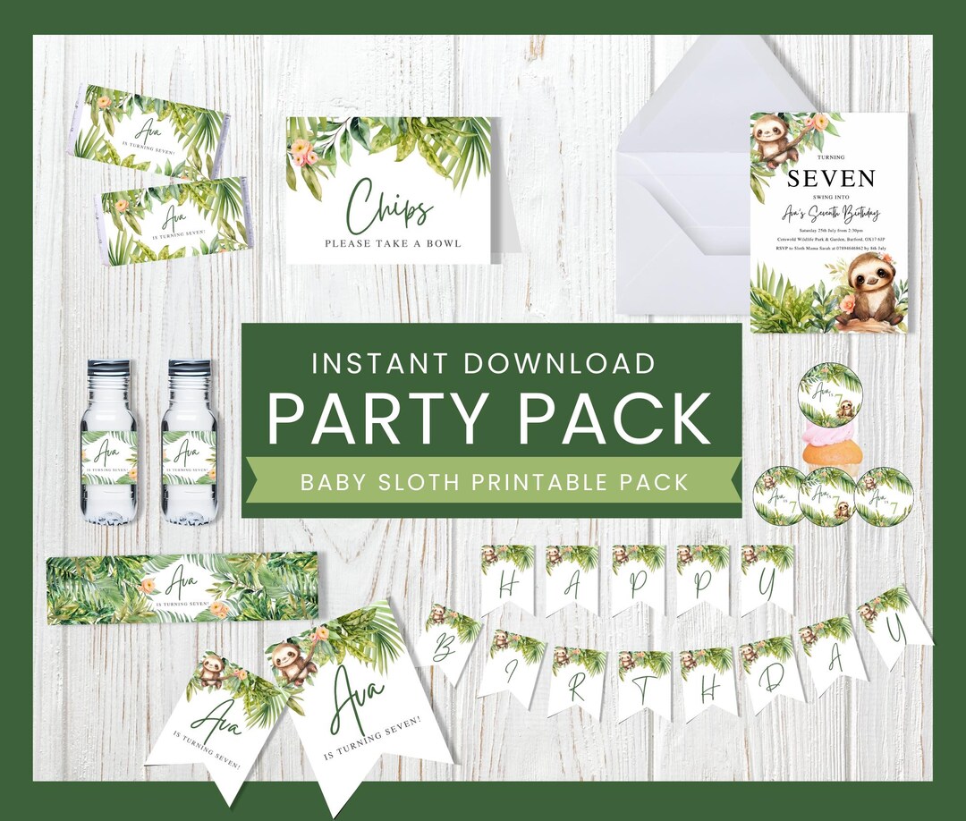 Baby Sloth Party Bundle Editable, Sloth Birthday Bundle, Jungle Party ...