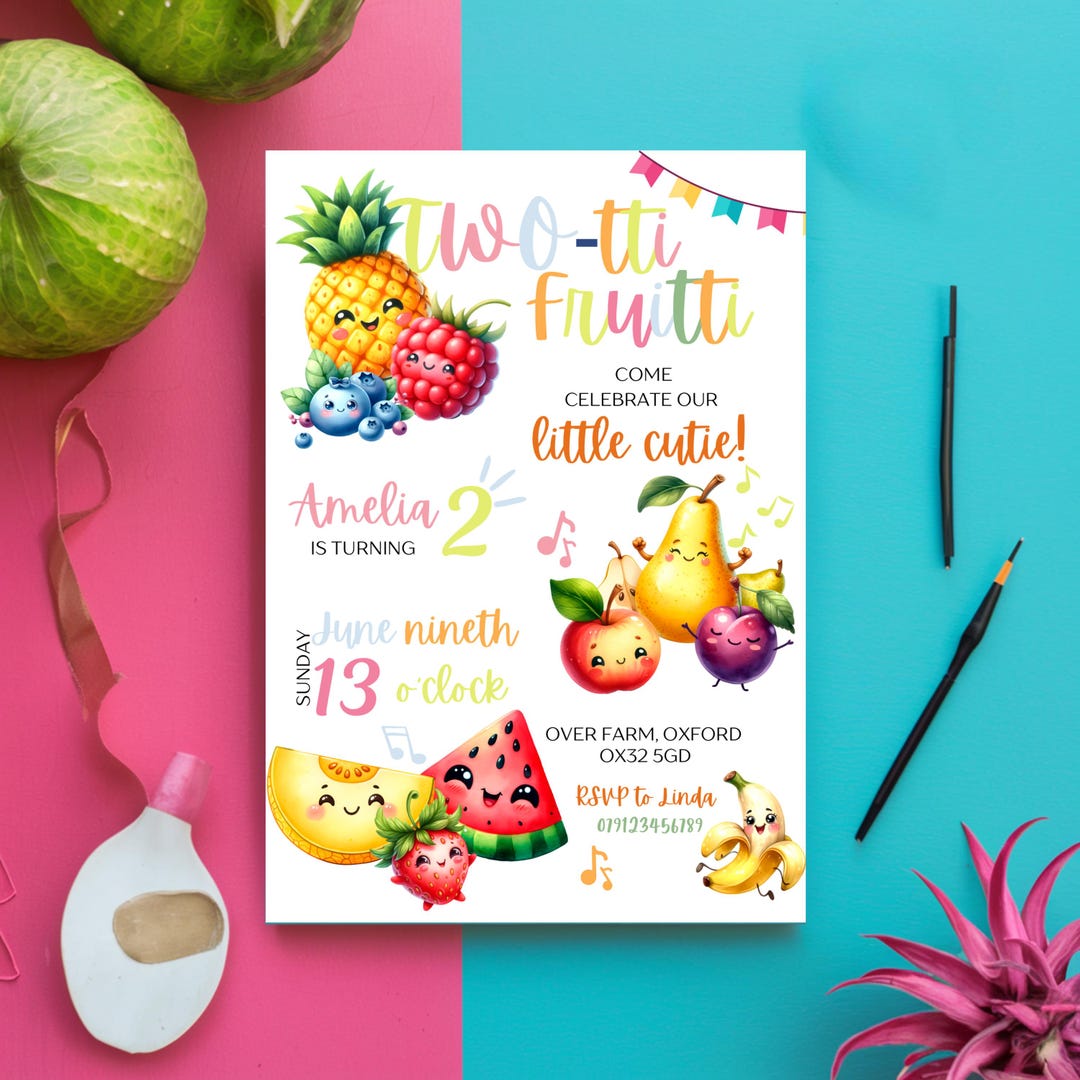 Dancing Fruits Birthday Invitation, Two-tti Fruitti Birthday Theme ...