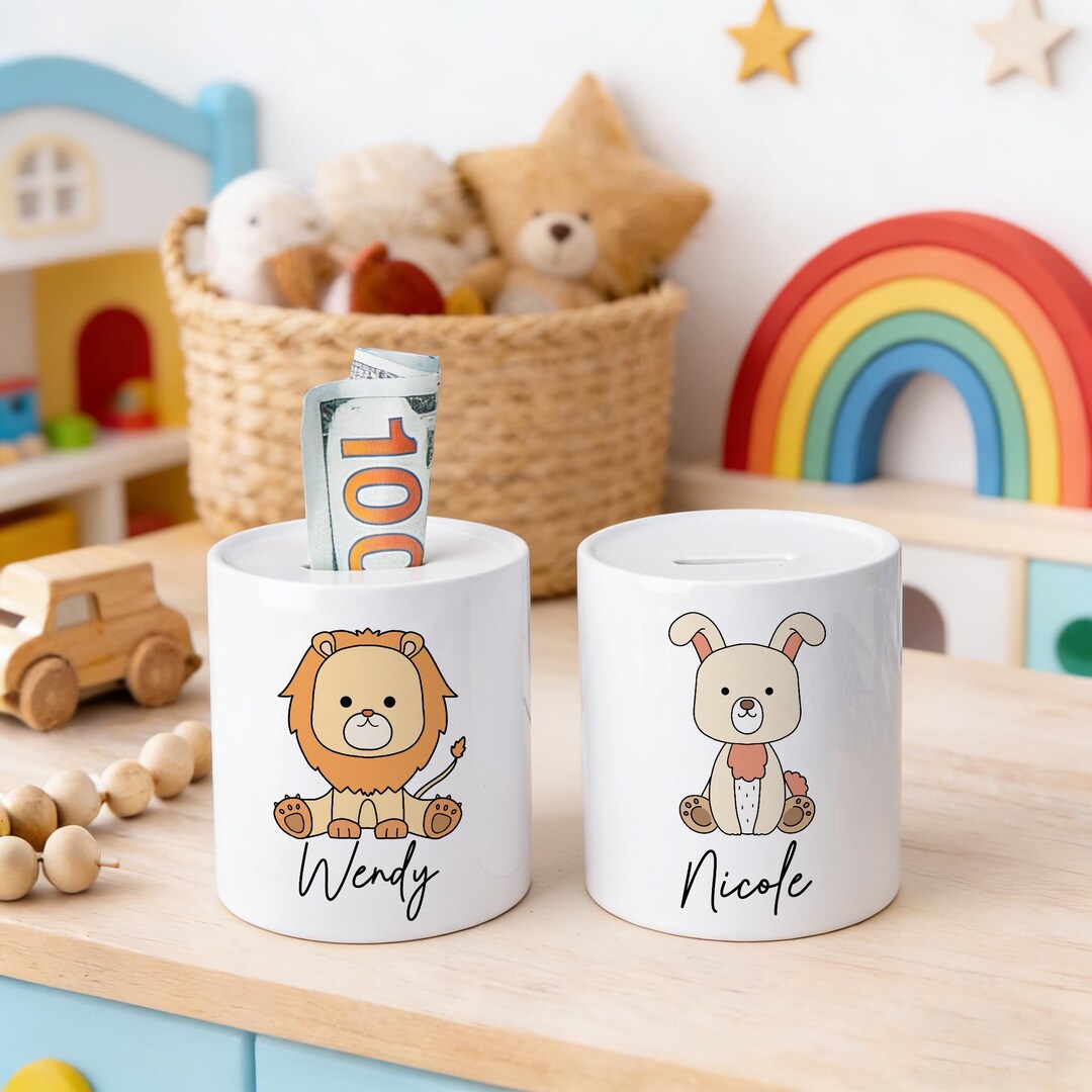 Personalised Ceramic Animal Piggy Bank, Custom Name Money Box, Birthday ...