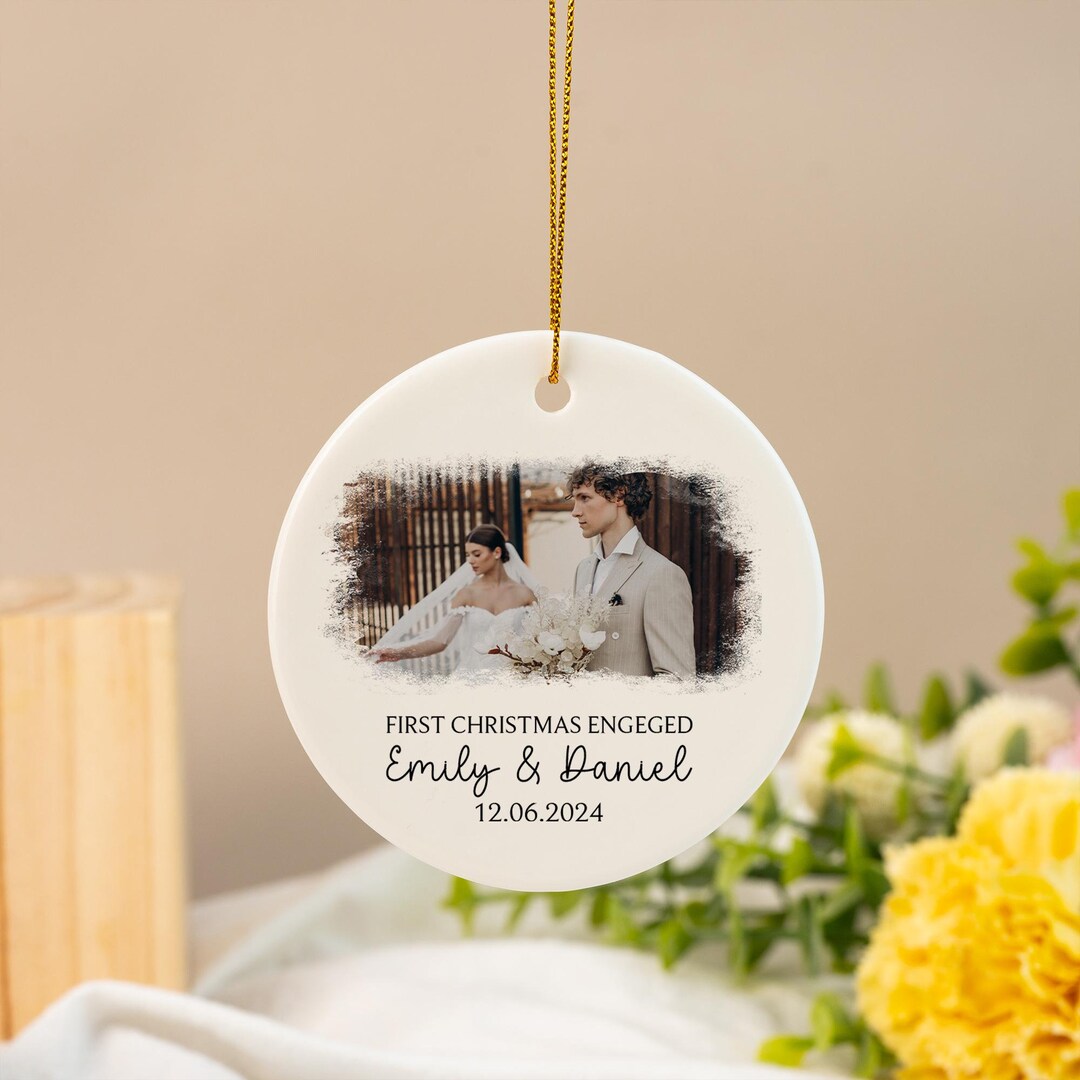 Personalised Engagement Photo Ornament, First Christmas Engaged Bauble ...