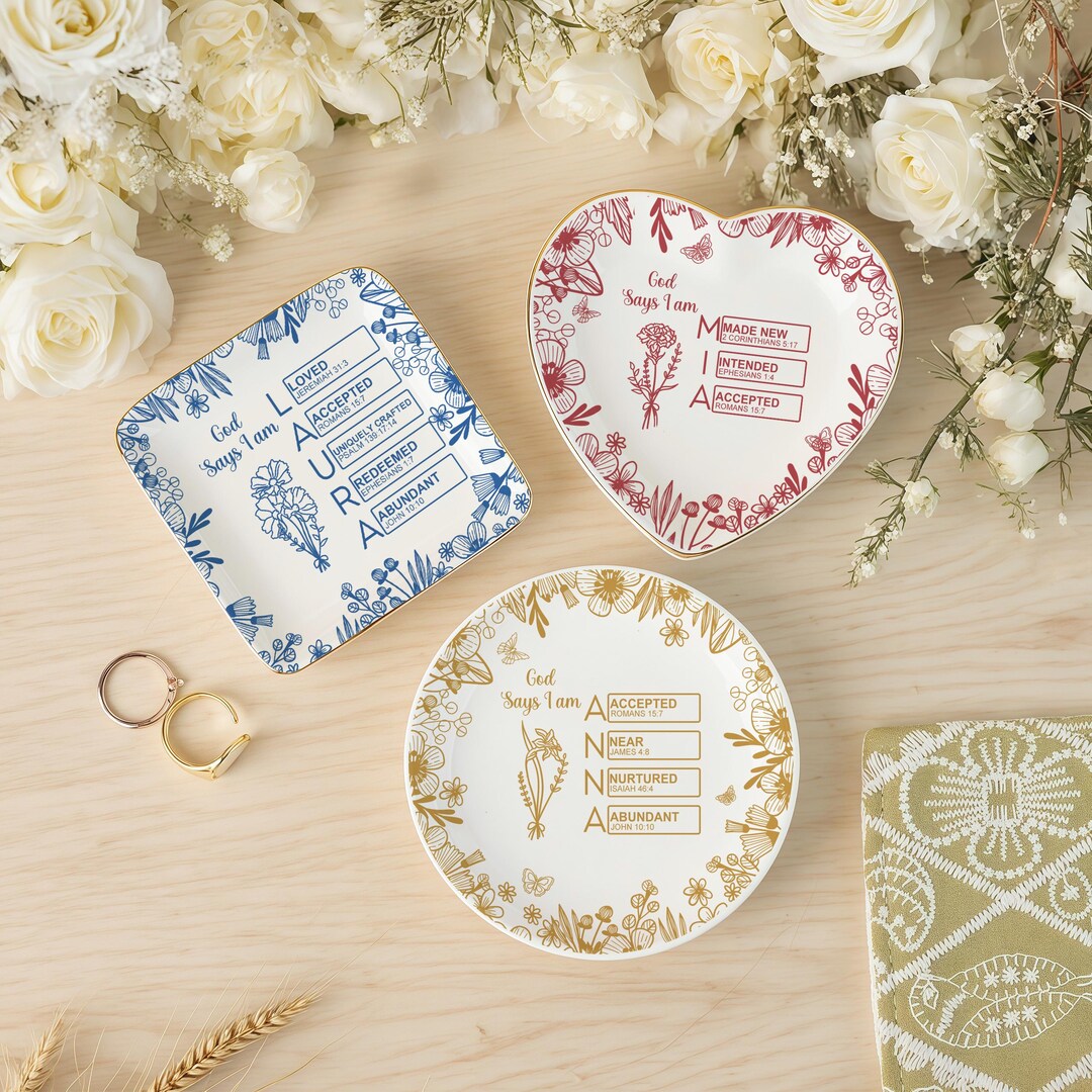 Personalized Christian Name Jewelry Dish, God Says I Am Toile De Jouy ...