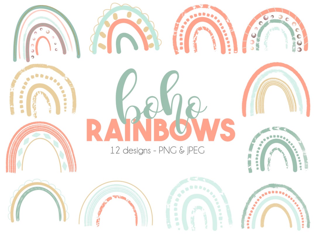 Boho Rainbow Clip Art Set of 12 Png & Jpeg Files Unique Hand Drawn ...