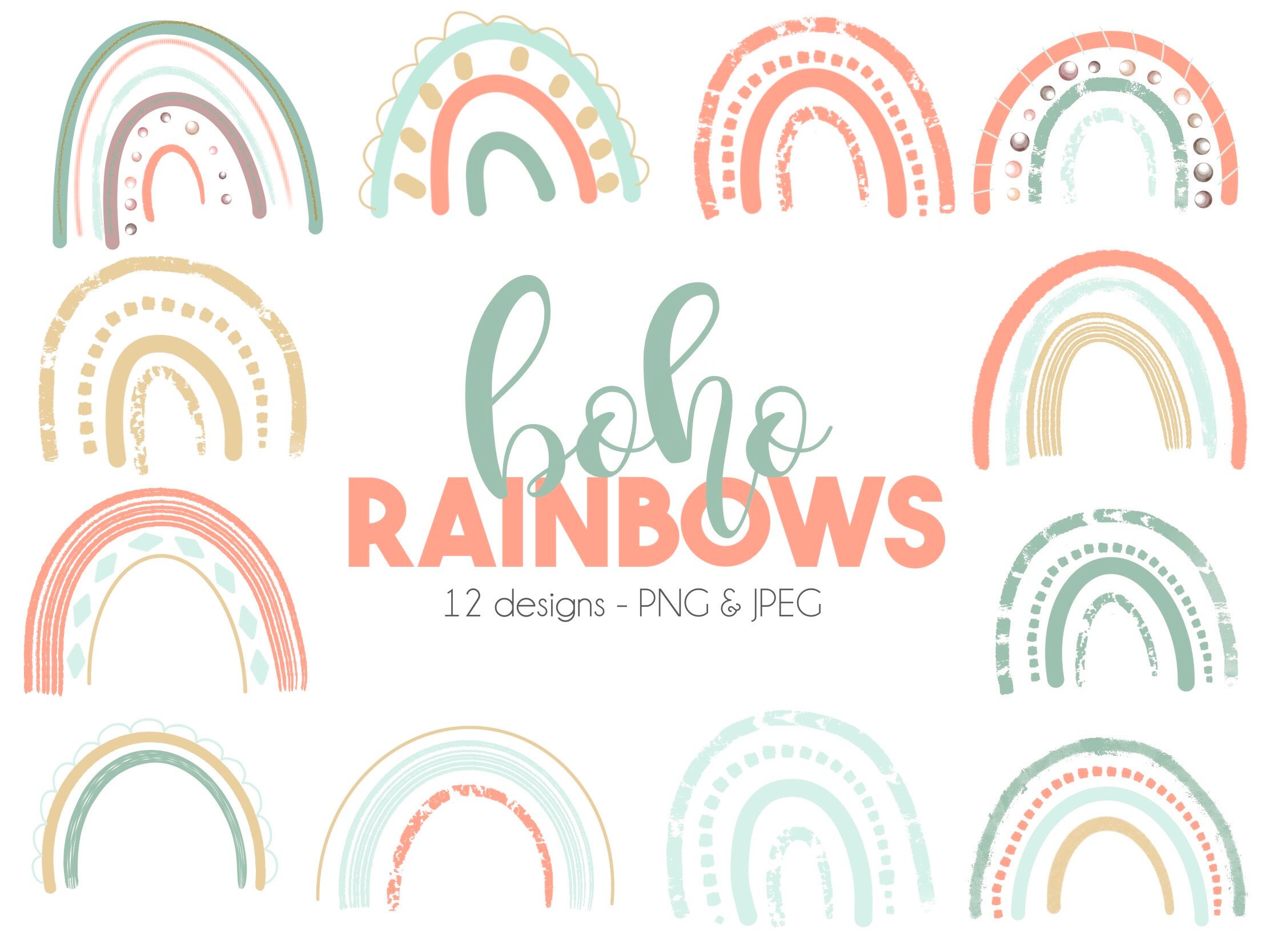 Boho Rainbow Clip Art Set of 12 Png & Jpeg Files Unique Hand Drawn ...