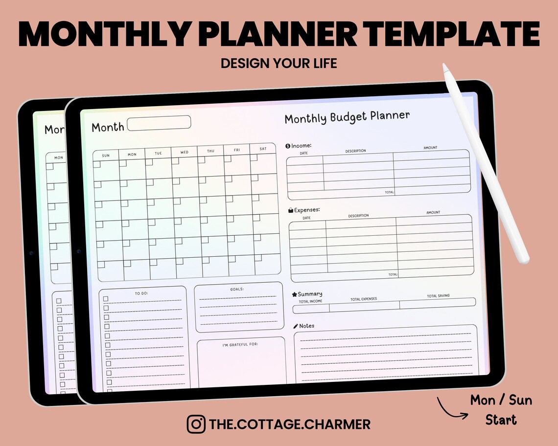 Digital Monthly Planner Template Goodnotes, Notability, Noteshelf, or ...