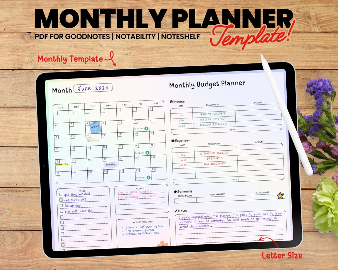 Digital Monthly Planner Template Goodnotes, Notability, Noteshelf, or ...
