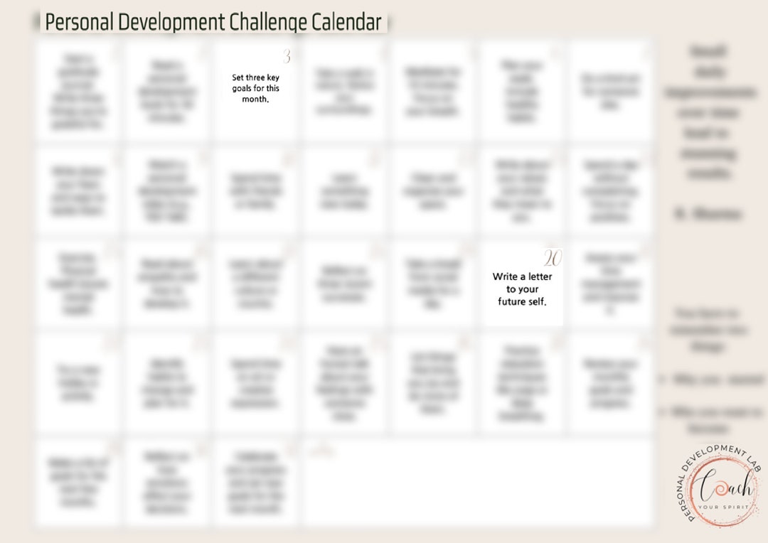 Personal Development Challenge Calendar | Daily Growth Activities - Etsy