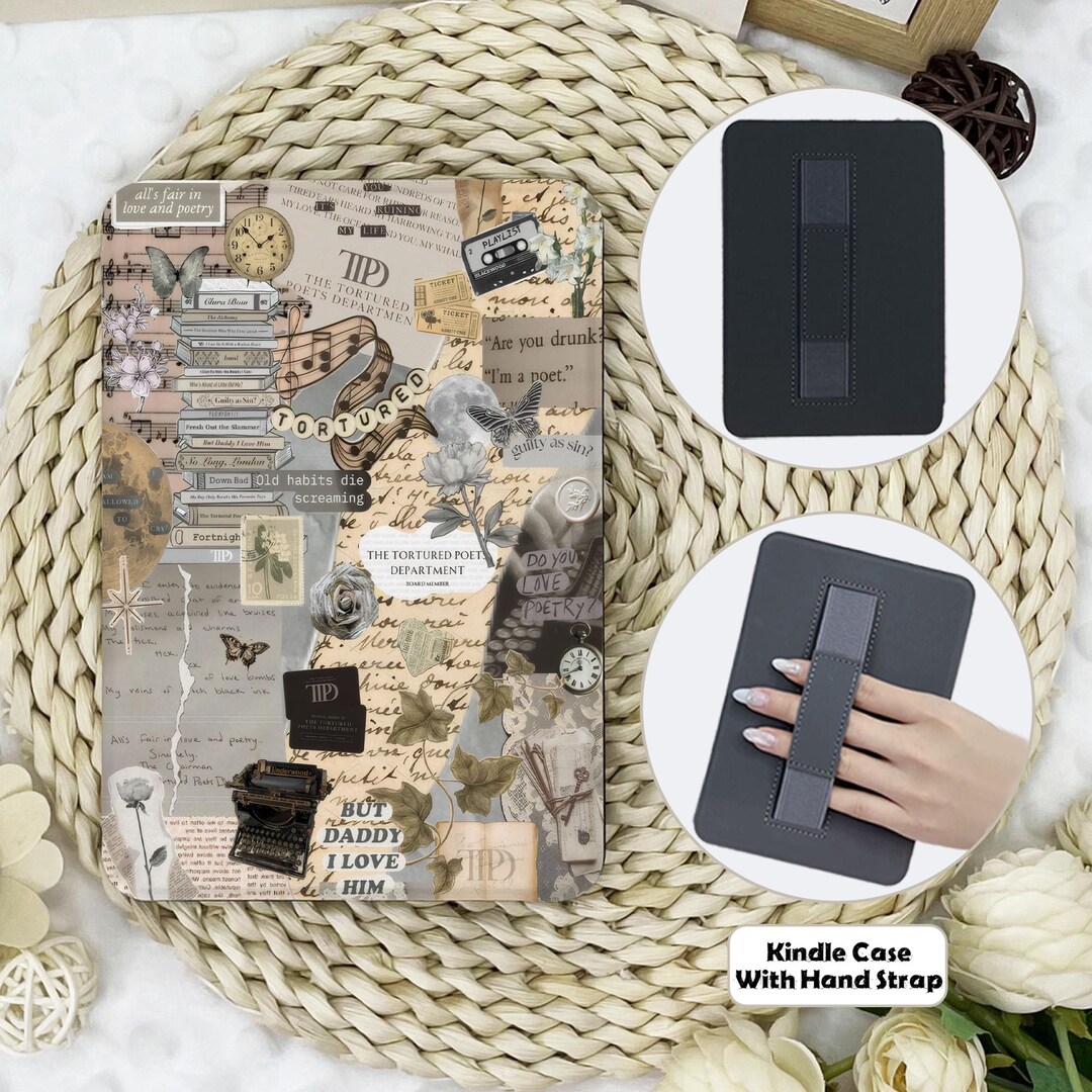 Elegant Books Collage Kindle Case With Hand Strap,kindle 6''/6.8''/7 ...