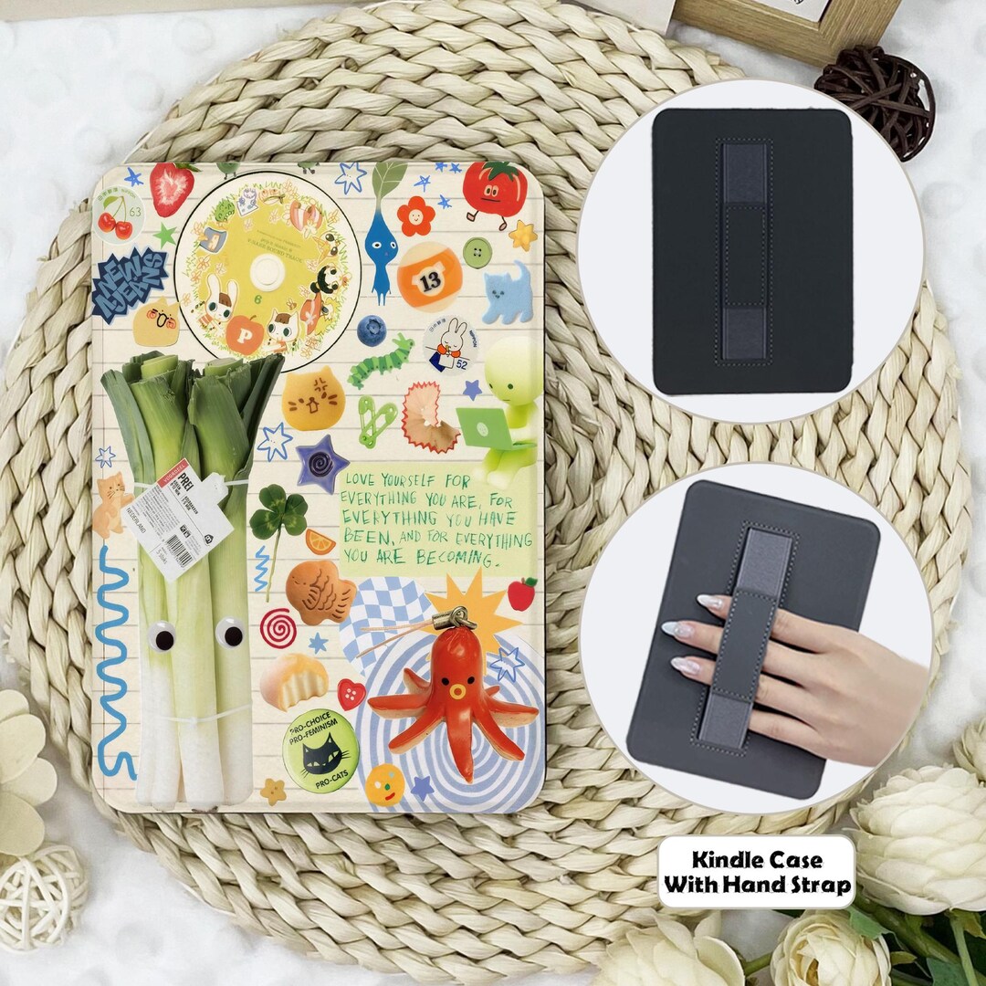 Green Cartoon Collage Kindle Case With Hand Strap,kindle 6''/6.8''/7 ...