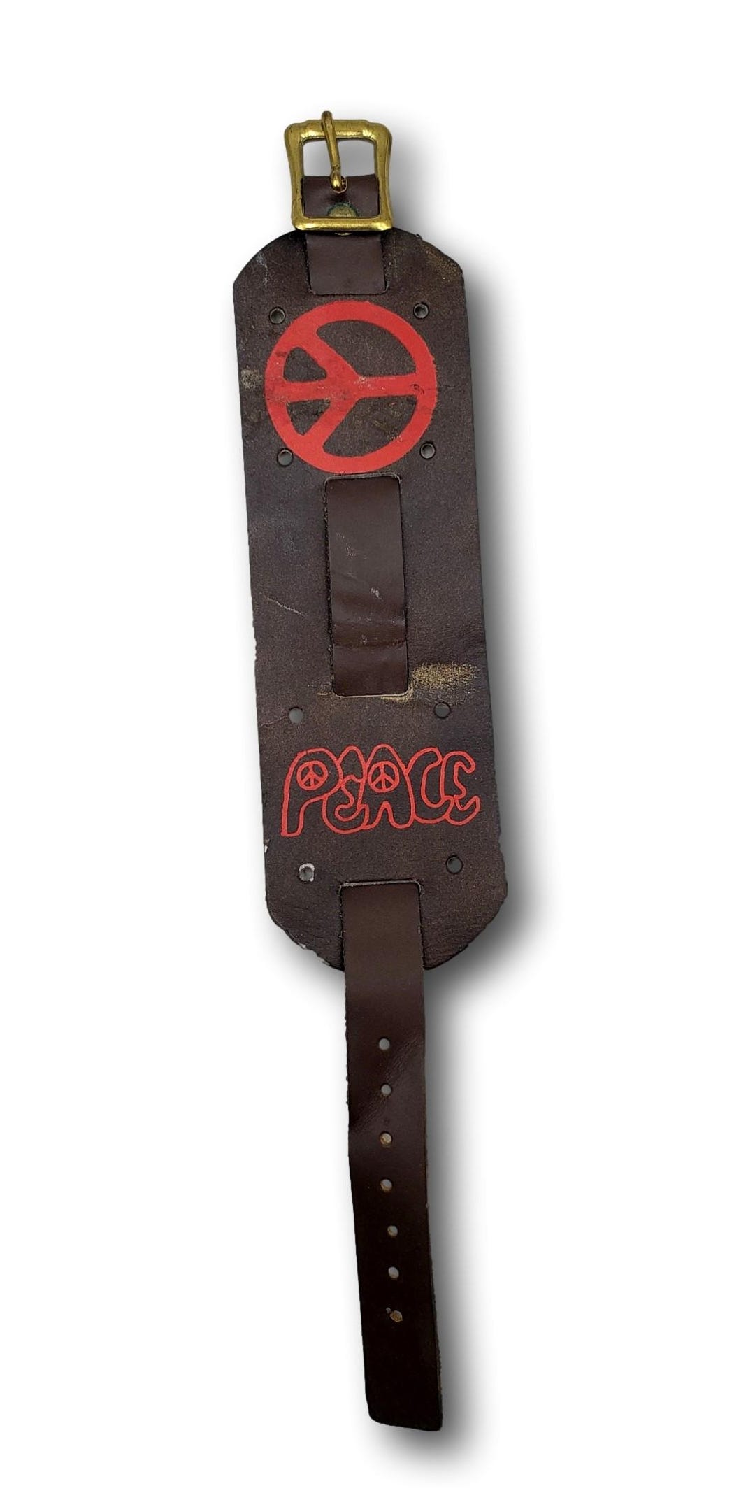 Vintage 1970s Leather Peace Sign Cuff Bracelet: Brown Tooled Wristband ...