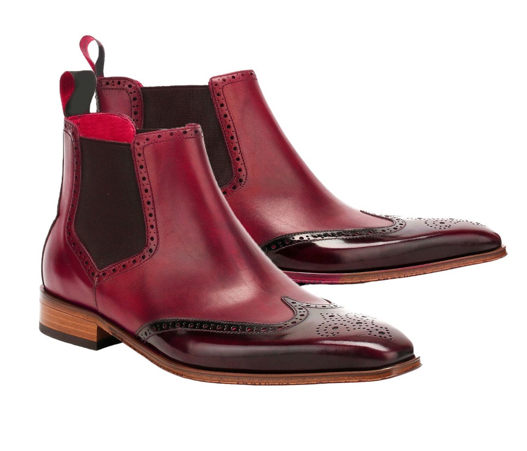Hand Painted Wing Tip Chelsea Boot, Ankle High Brogue Leather Boot, Men ...