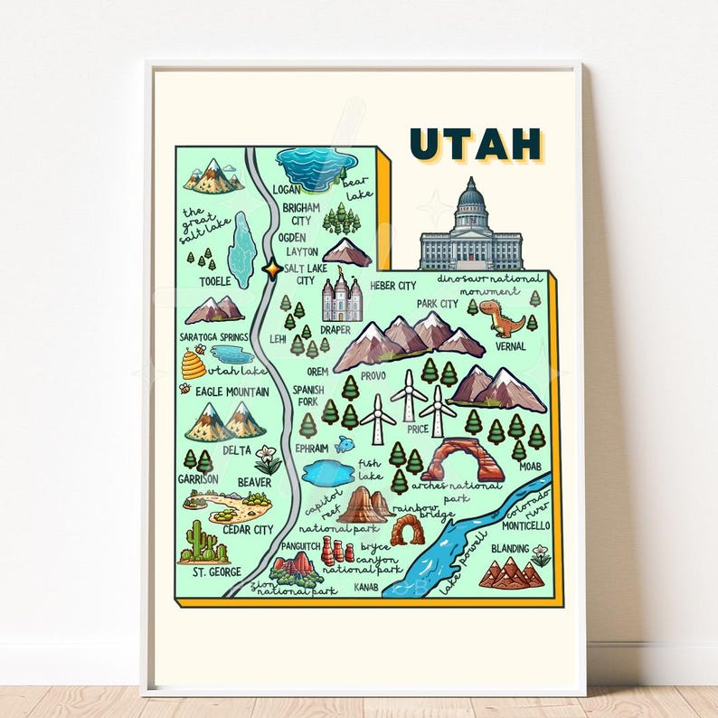 Utah State Map Cartoon Map of Utah, Utah Map Digital Print, Utah ...