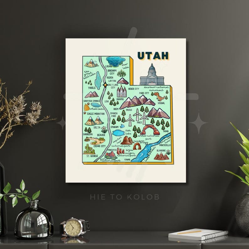 Utah State Map | Cartoon Map of Utah, Utah Map Digital Print, Utah ...