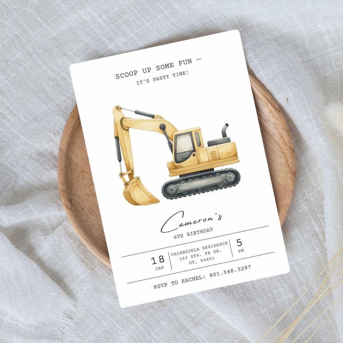 Minimalist Yellow Excavator Birthday Invitation Digital Kids Invite for ...