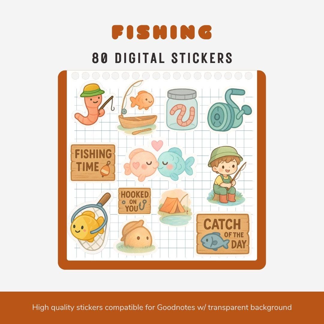 80pcs Cute Fishing Stickers | Kawaii Fishing Clipart, Fish, Worms, Kids ...