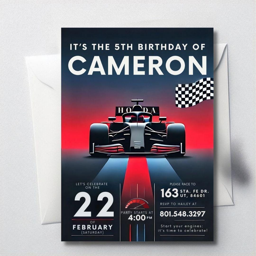 Formula 1 Birthday Invitation (2 Options) Race Car Digital Kids Invite ...